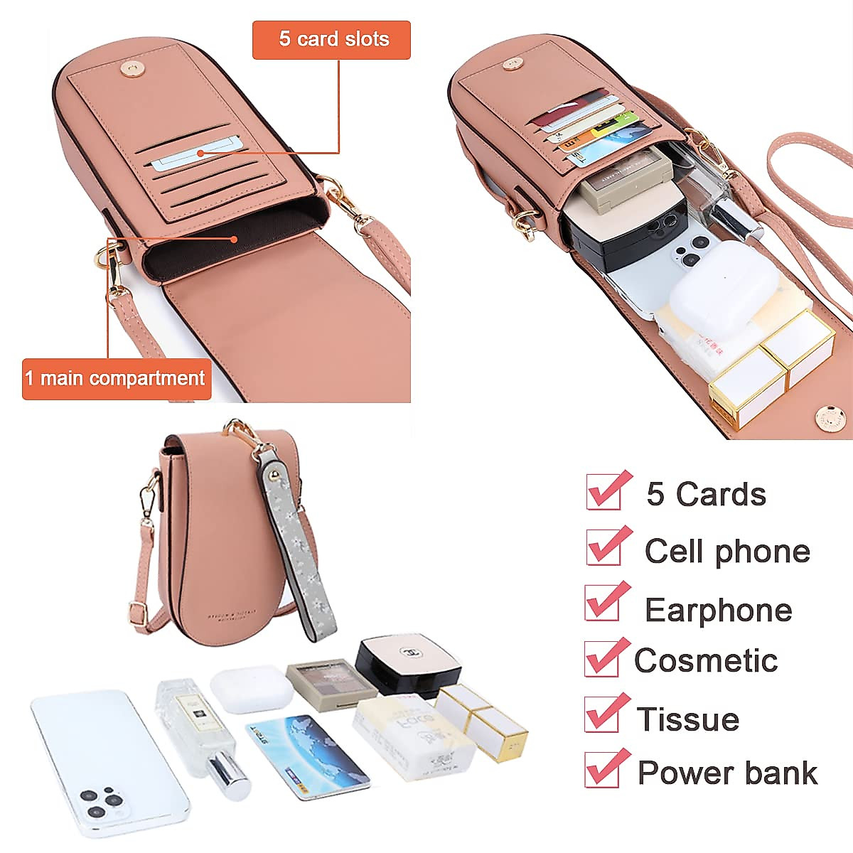 Sunwel Fashion Trendy Cell Phone Bag 5 Card Slots Mini Crossbody Bag Phone Purse Detachable Wristlet for Women Girls