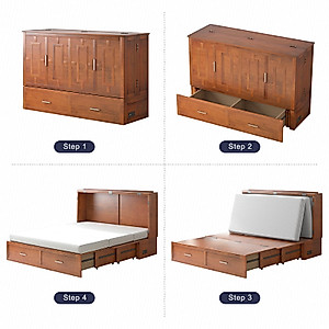 ijuicy Murphy Bed, Queen Size Cabinet Bed with Foldable Memory Foam Mattress & USB Charging Station & 2 Large Drawers for Guests Room/Bedroom-Reddish Brown