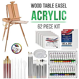 U.S. Art Supply 62-Piece Artist Acrylic Painting Set with Coronado French Style Sketch Box Easel, 24 Acrylic Paint Colors, 22 Brushes, 2 Stretched Canvases, 6 Canvas Panels, 2 Paint Palettes, 5 Knives