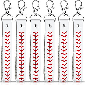 Inbagi 6 Pcs Leather Baseball Keychains for Boys White Seamed Keychain Sports Softball Keychains Baseball Gifts for Boys Wristlet Strap Keychain for Car Purse Accessories Players Sports Team Souvenir