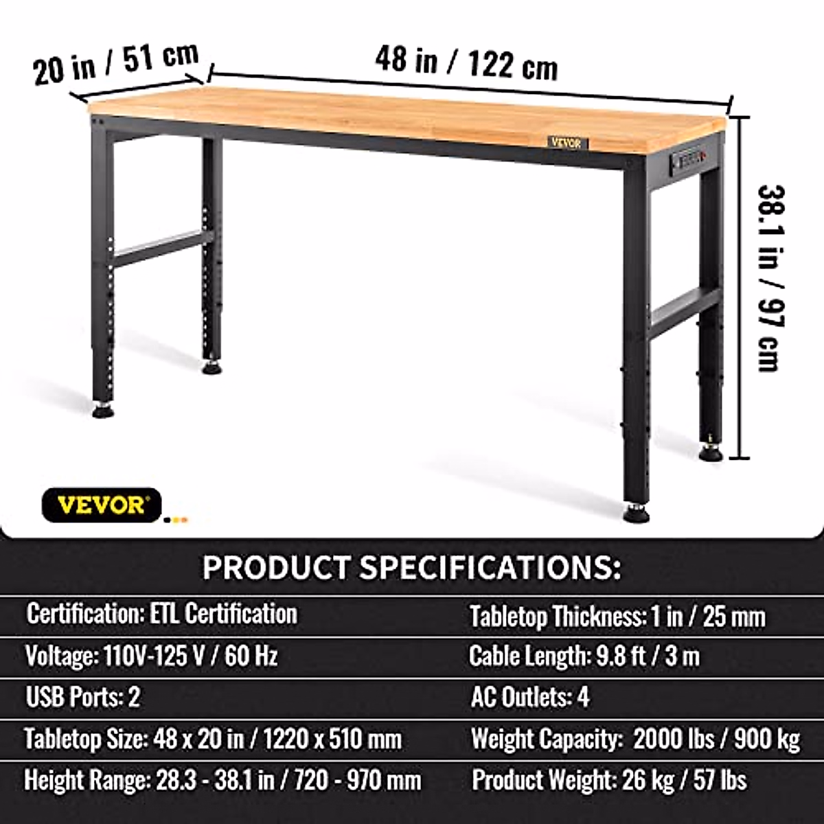 VEVOR Adjustable Workbench, 48" L X 20" W Garage Table w/ 28.3" - 38.1" Heights & 2000 LBS Load Capacity, with Power Outlets & Hardwood Top & Metal Frame & Foot Pads, for Office Home Garage