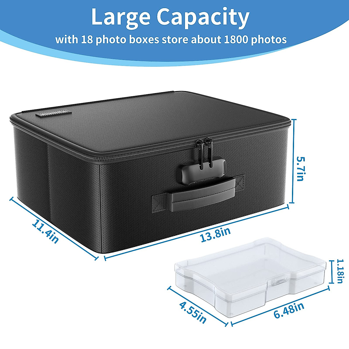 Fireproof Safe Photo Storage Box with 18 Inner 4" x 6" Clear Photo Cases, Portable Photo Organizer with Lock for Picture, Collapsible Photo Container with Handle and 18 Boxes 4 Sheet Label Stickers