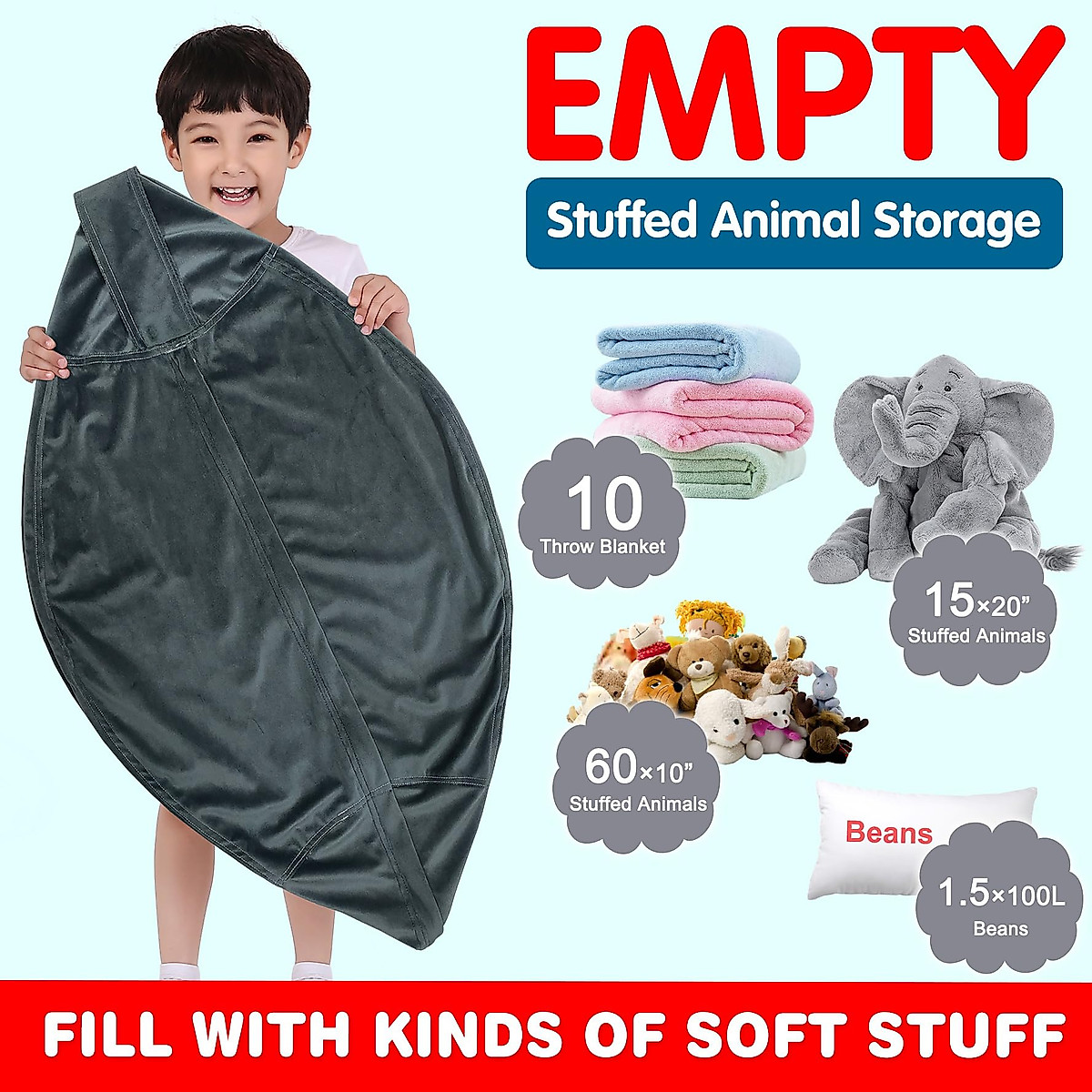 Lukeight Stuffed Animal Storage Bean Bag Chair Cover for Kids, Zipper Beanbag Chair Cover for Organizing Toddler and Kids' Rooms Plush Toys (Dark Gray Velvet, Large)