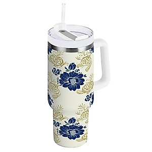 RPLIFE Blue and White Floral Tumbler Cup, Stainless Water Bottle, Water Tumbler with Straw