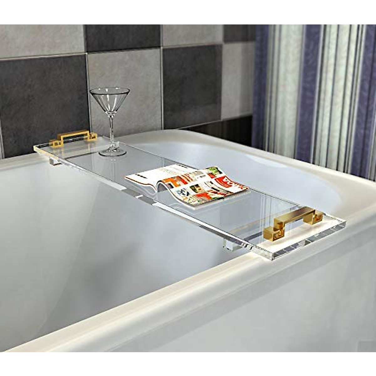 Acrylic Bathtub Tray Caddy with Metal Handles, Lucite Clear Bathroom Tray Rack