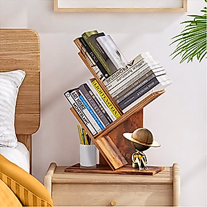 R RUISHENG Wood Tree Bookshelf, 3 Shelves Display Bookcase for Books/Magazines/CDs, Desk Standing Book Shelves Organizer for Office, Bedroom, Living Room
