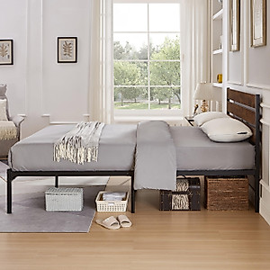 ACQCA Queen Size Bed Frame with Wooden Headboard and Footboard, Industrial Platform Bed with Heavy Duty Metal Slat Support, Under Bed Storage,Free Noise,No Box Spring Needed, Brown