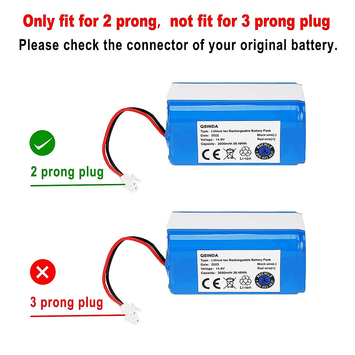 Replacement Battery Pack for Shark Ion Robot RVBAT850 Battery for RV700_N, RV720_N, RV725_N, RV761, RV850, RV850BRN, RV850C, RV850WV, RV851WV, RV871, RV871C 2 Prong 14.4V 2600mAh