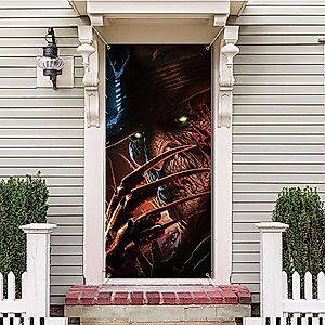 Scary Halloween Door Banner, Classic Horror Movie Character Banner Scary Killer Halloween Door Decorations Cover Backdrop for Halloween Birthday Party Decor Front Door Banner Photo Booth Props