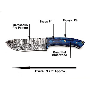 BCK damascus knife damascus steel hunting knife Fixed Blade Hunting Knife with Sheath - Damascus Knife with Blue Wood Handle - 9.75 Inches Handmade Camping Knife Prime Quality EDC camping Knife.
