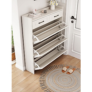 HANLIVES Hidden Shoe Cabinet for Entryway,Narrow Entry Shoe Storage Cabinet with Drawer,White Flip Down Shoe Rack Wood 4 Tier Slim Shoe Storage Organizer for Hallway,Apartment