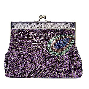 KISSCHIC Vintage Beaded Sequin Peacock Clutch Purse Evening Bags (Purple)