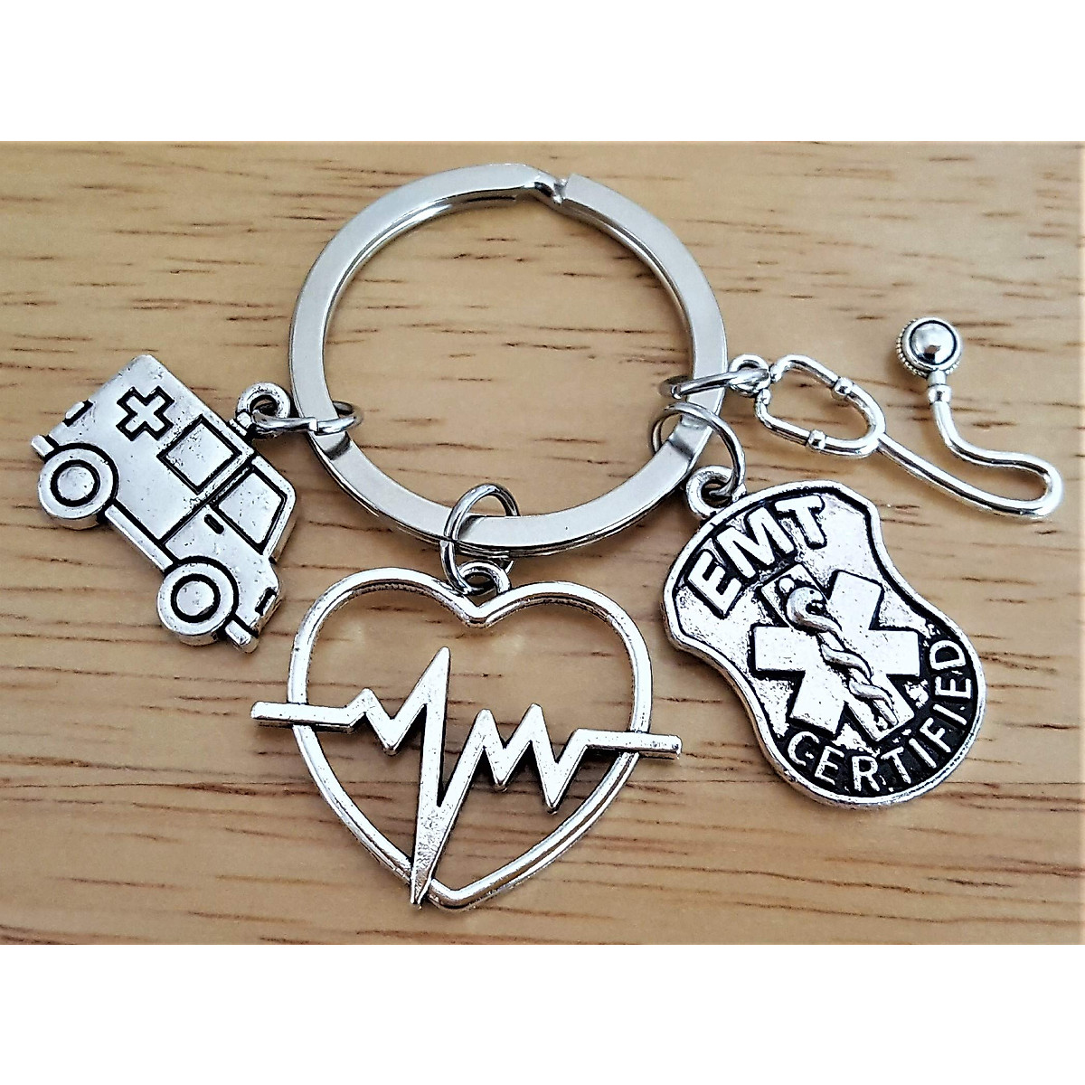 EMT Emergency Medical Technician, EMT keychain, ECG / EKG Heartbeat, Medical Alert, EMT gift, Ambulance, Stethoscope, Caduceus Medical Symbol charm, EMT graduation Gift (EMT Heartbeat Keychain)