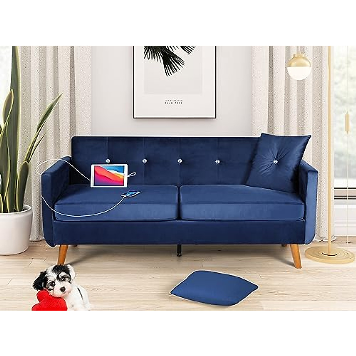 TYBOATLE 65" Modern Velvet Sofa Couch w/ 2 USB, Clear Glass Button Tufted Upholstered Love Seats for Living Room, Apartment, Bedroom (Blue)