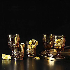 WHOLE HOUSEWARES | Amber Glassware Vintage-Pressed Pattern Set of 6 | 8 oz Embossed Design | Amber Drinking Glasses | For Weddings, Dinners, and Parties | Amber Glasses Drinking