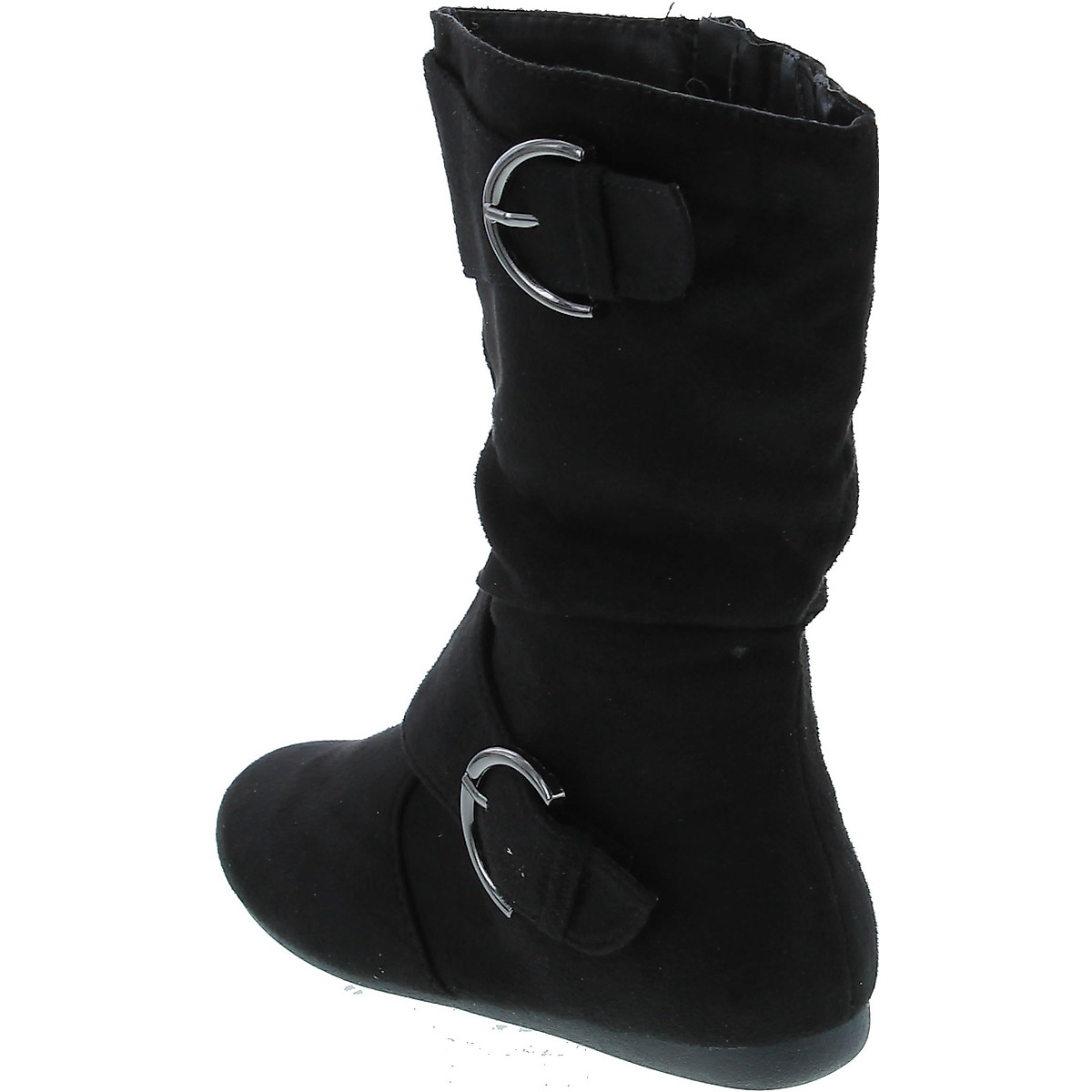 Link Klein-70K Girl's Kid's Faux Suede Two Buckle Zipper Flat Heel Mid Calf Slouchy Boot Shoes,Black,9