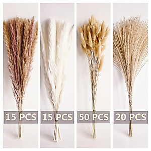100 PCS Small Boho Pampas Grass, 17" Naturally Dried Pompas, Pampas Grass Decor for Wedding , Boho Party Decorations, Table Decor（Brown and White）