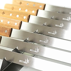 SETAMA Stainless Steel Kabob Skewers - Set of 7 - Flat 1 Inch Wide Blades - Rust Proof - 7 Piece Koobideh/Persian/Brazilian Kebab Skewer and Rack Set - With Basting Brush, Cloth & Storage Bags