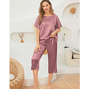SWOMOG Womens 2 Piece Satin Pajamas Silk Short Sleeve Pjs Sets Capri Bottom Pajama Pants Loose Outfit with Pockets Misty Rose Medium