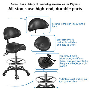 Coczeb Saddle Stool with Back Support Ergonomic Seat Hydraulic Adjustable with Footrest for Home Office Dental Tattoo Salon Shop Use