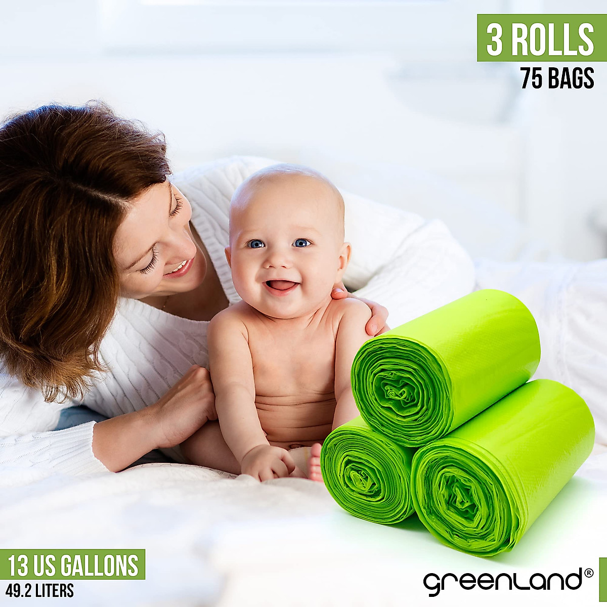 Greenland Biodegradable Diaper Pail Bags Compatible with Ubbi – Lemon Scented (75 Bags, 13 Gallons)