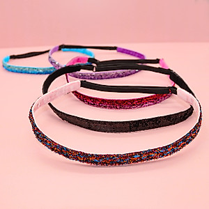 FROG SAC 6 Glitter Headbands for Girls, Adjustable Non Slip Thin Stretch Elastic Sports Headband for Teens, Cute Stretchy Athletic Sports Hair Accessories for Kids
