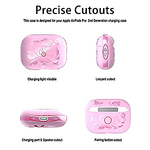 ROMSEA for AirPods Pro 2nd Generation Case Cover 2022, Rose Engraved Bling Floral Replacement Charging Case Cover for Women Shock-Absorbing Protective Case with Lanyard [Front LED Visible],Pink