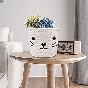 8''X7'' Small Baby Hamper White Cotton Rope Basket | LONTAN Washable Baby Nursery Hamper Cute Cat Design Baby Gift Basket Collapsible Organizer for Snacks, Pen