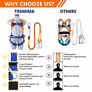 TT TRSMIMA Safety Harness Fall Protection Kit: Full Body Roofing harnesses with Shock Absorbing Lanyard - Updated Comfortable Waist Pad