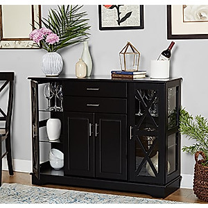 Target Marketing Systems Kendall Dining Buffet Cabinet with Storage, Modern 2-Drawer Kitchen Sideboard Doors, and 2 Adjustable Glass Shelves, 47.25" Inch, Black