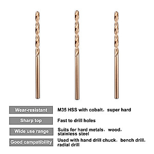 1/8" M35 Cobalt HSS Jobber Length Twist Drill Bit with Straight Shank,Heavy Duty, Pack of 10 PCS, Drilling for Cast Iron, Heat-Treated Steel, Stainless Steel and Other Hard Materials