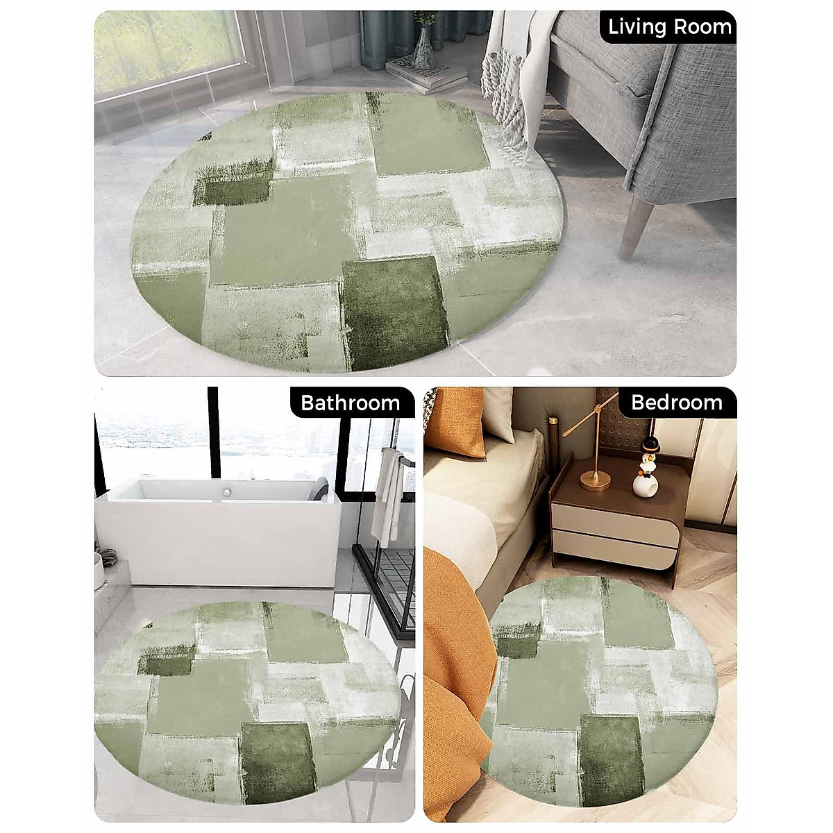 Sage Green Geometric Fluffy Round Area Rug Carpets 3ft, Plush Shaggy Carpet Soft Circular Rugs, Non-Slip Fuzzy Accent Floor Mat for Living Room Bedroom Nursery Decor Modern Abstract Smear Street Art