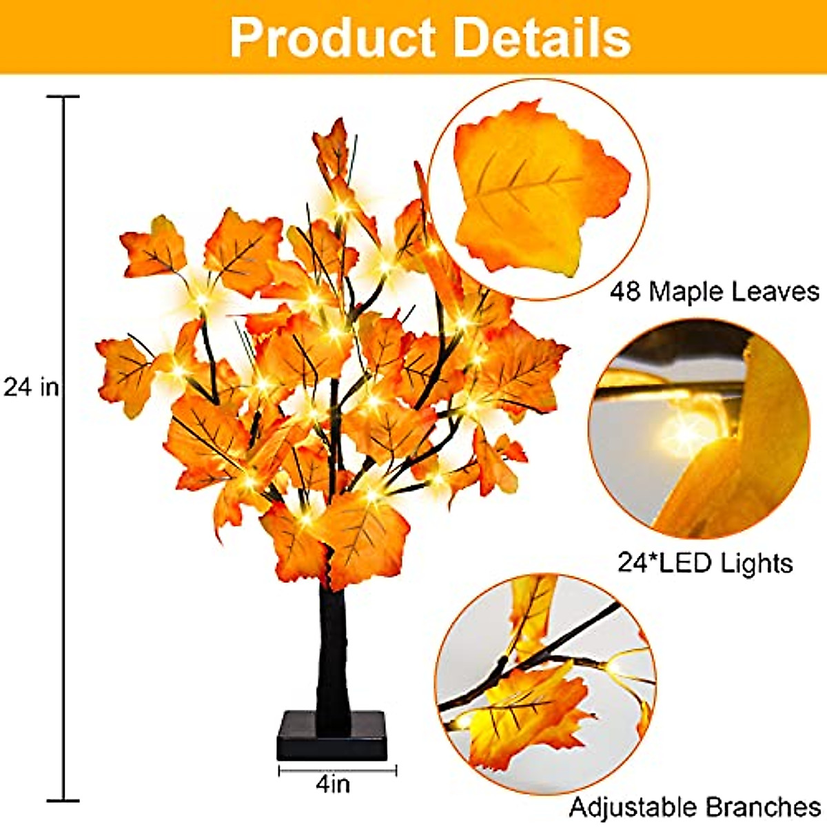 2 Pack 24-inch Fall Lighted Maple Tree, 48 LED Lights, Thanksgiving Decoration Table Tree, Battery Operated DIY Artificial Tree, Centerpieces Decor Tree for Home Desktop Autumn Harvest Tabletop Indoor