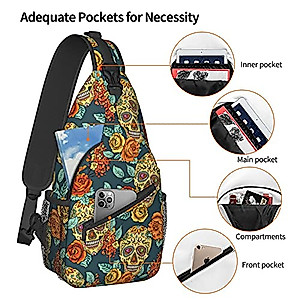 Skull And Flowers Sling Bag For Women Men Crossbody Shoulder Backpack Unisex Chest Bags Water Resistant Travel Hiking Casual Daypack