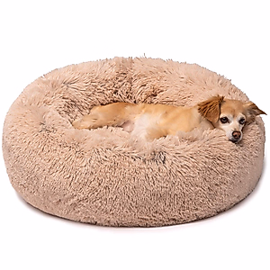 Friends Forever Donut Dog Bed Faux Fur Fluffy Calming Sofa For Small Dogs, Soft & Plush Anti Anxiety Pet Couch For Dogs, Machine Washable Coco Pet Bed with Non-Slip Bottom, 23"x23"x6" Tan