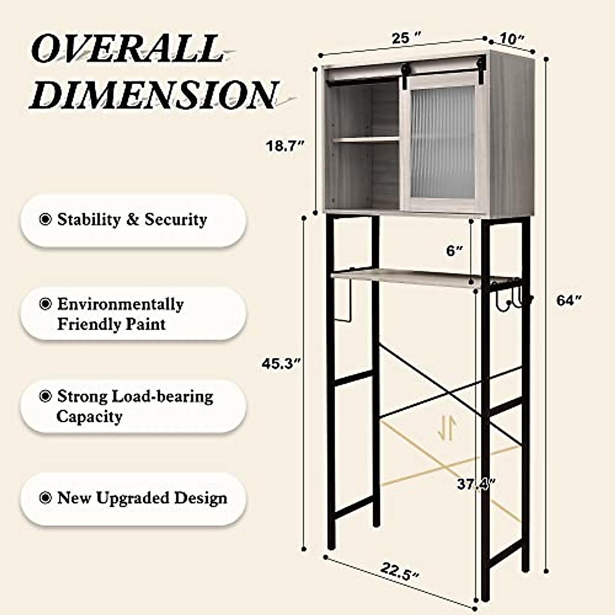 AZODY Over The Toilet Storage Cabinet, Over The Toilet Storage with Adjustable Shelves and Sliding Door, Freestanding Bathroom Organizer Over Toilet for Bathroom, Grey