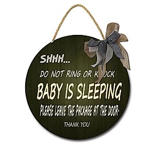 Weytff Baby Sleeping Sign For Front Door Funny Baby Sleeping Hanging Sign Plaque, Do Not Knock Or Ring The Bell, Round Wooden Door Hanger For Baby Room, Nursery, Front Door, Door Knob Decor 11"