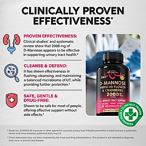 D-Mannose 2000mg with Cranberry 500mg & Hibiscus - Clinically Tested Strength for Urinary Tract Health - Supplement for Women - Bladder, Liver & Microflora Support - Made in USA - Vegan, 120 Capsules