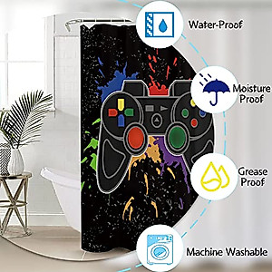 Izayoi 4pcs Black Shower Curtain Sets with Non-Slip Rugs Toilet Lid Cover and Bath Mat Waterproof Kids Shower Curtains with 12 Hooks for Boys Bathroom Décor