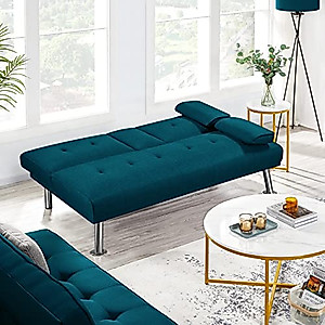 Yaheetech Linen Fabric Modern Sofa Bed Futon Couch Bed Folding Recliner Sleeper Reversible Loveseat Convertible Daybed, 2 Cup Holders, 3 Angles, 772lb Capacity, Removable Armrests, Aqua Blue