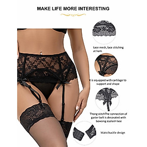 ohyeah Black Floral Lace Garter Belt for Thigh Highs Stocking 4-Strap Metal Clip Sexy Mesh Suspender M-L (Only Garter Belts)