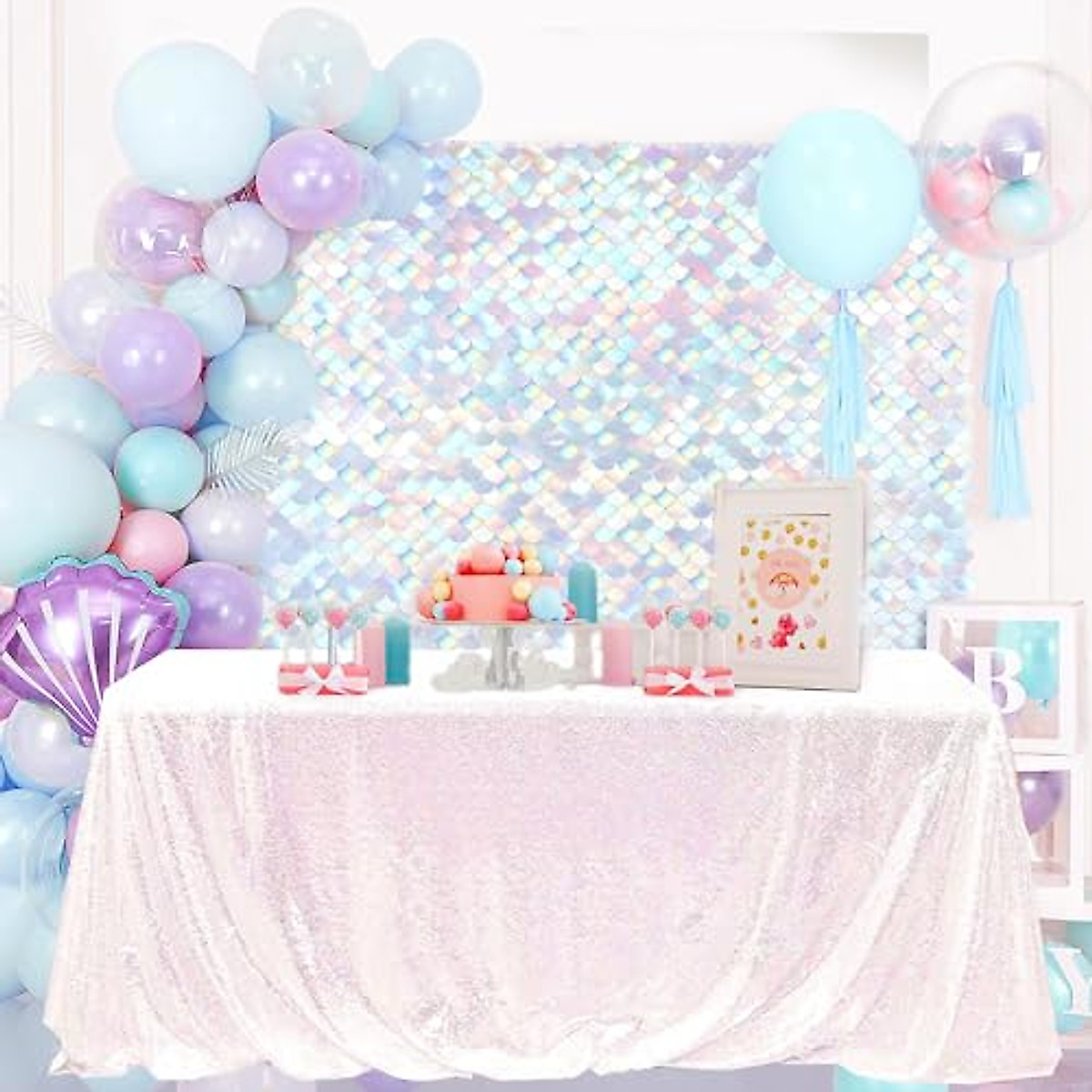 FYLEDAEE Iridescent White Sequin Tablecloth Rectangular 50X80 inch Spark Glitter Shimmer Tablec Cover for Wedding Baby Shower Birthday Dinners Dessert Flower Candy Cake Party Decoration