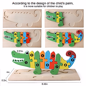 SHIERDU Wooden Puzzles for Kids, Toddler Number Puzzle, Old Wooden Dinosaur Puzzles and Animal Jigsaw Toys for Boy Girl Ideal Gift, 2-6 Years, Pack of 6, 2-1
