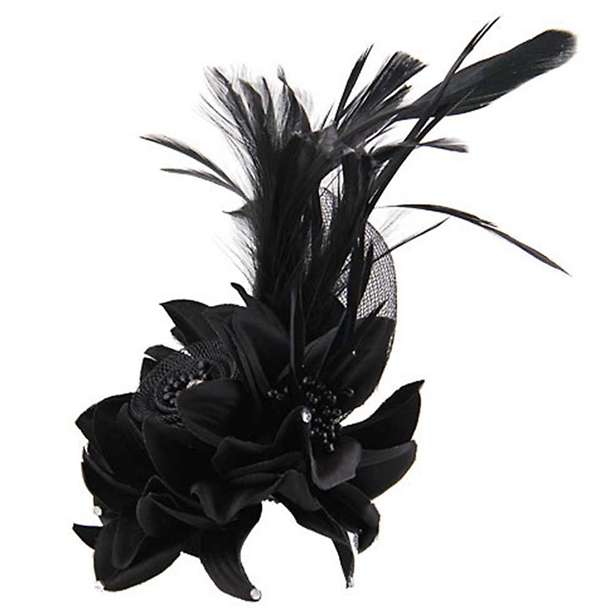 Song Qing Women's Fascinator Feather Flower Hair Clip Pin Brooch Corsage Bridal Hairband Derby Hat Cocktail Party Wedding (Dark Black)