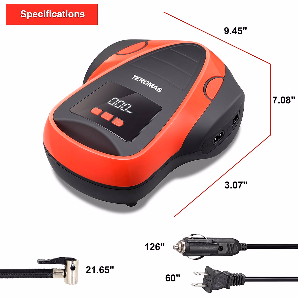 TEROMAS Tire Inflator Air Compressor, Portable DC/AC Air Pump for Car Tires 12V DC and Other Inflatables at Home 110V AC, Digital Electric Tire Pump with Pressure Gauge (Red)