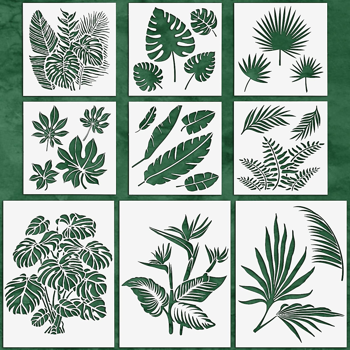 9 Pieces Reusable Painting Stencil Tropical Stencil Plastic Paint Stencils Summer Pattern Drawing Templates Stencils Reusable Craft Stencils for Painting (Leaves,9.8 x 9.8 Inches, 13.8 x 10.2 Inches)