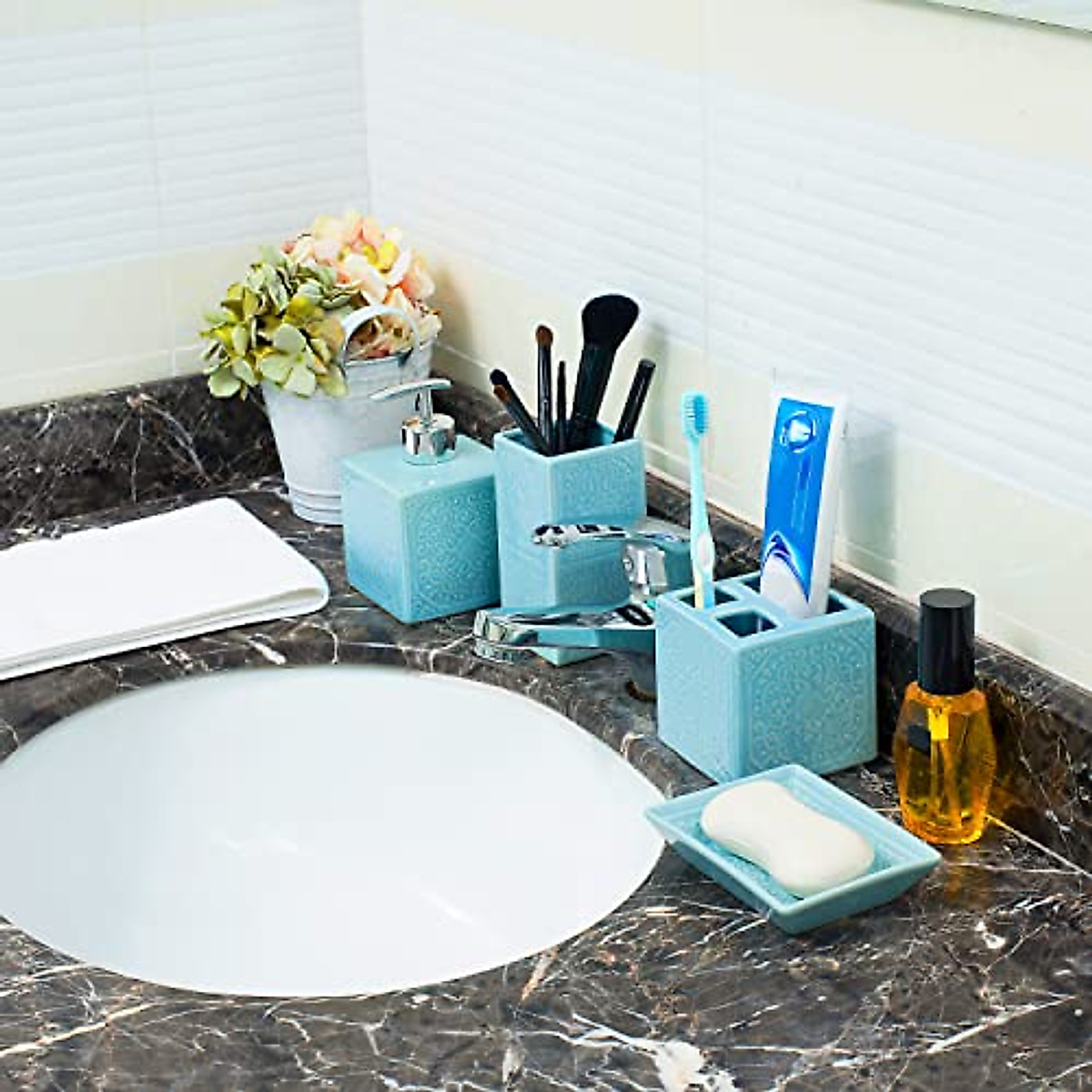 Blue Teal Bathroom Accessory Set,4 Pcs Bathroom Soap Dispenser Set Hand Pump Soap Dispenser, Vanity Countertop Accessory Set-Bathroom Soap Dispenser Set,Toothbrush Holder Set, with Soap Dish,Tumbler.