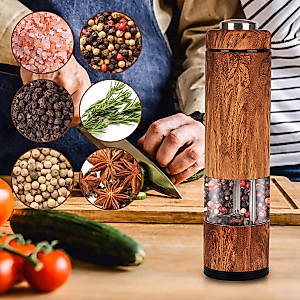 Electric Salt and Pepper Grinder Set, Battery Operated Pepper Mill with LED Light, Adjustable Coarseness, One Hand Operation, Salt and Pepper Shakers Set Electric (Wood Grain)