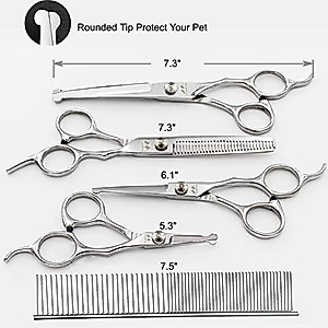Dog Grooming Scissors Kit with Round Tip, Set of 5 Cat Dog Scissors, Stainless Steel Pet Grooming Shears, Straight, Curved, Thinning Shears, Comb for Full Body, Face, Nose, Ear & Paw