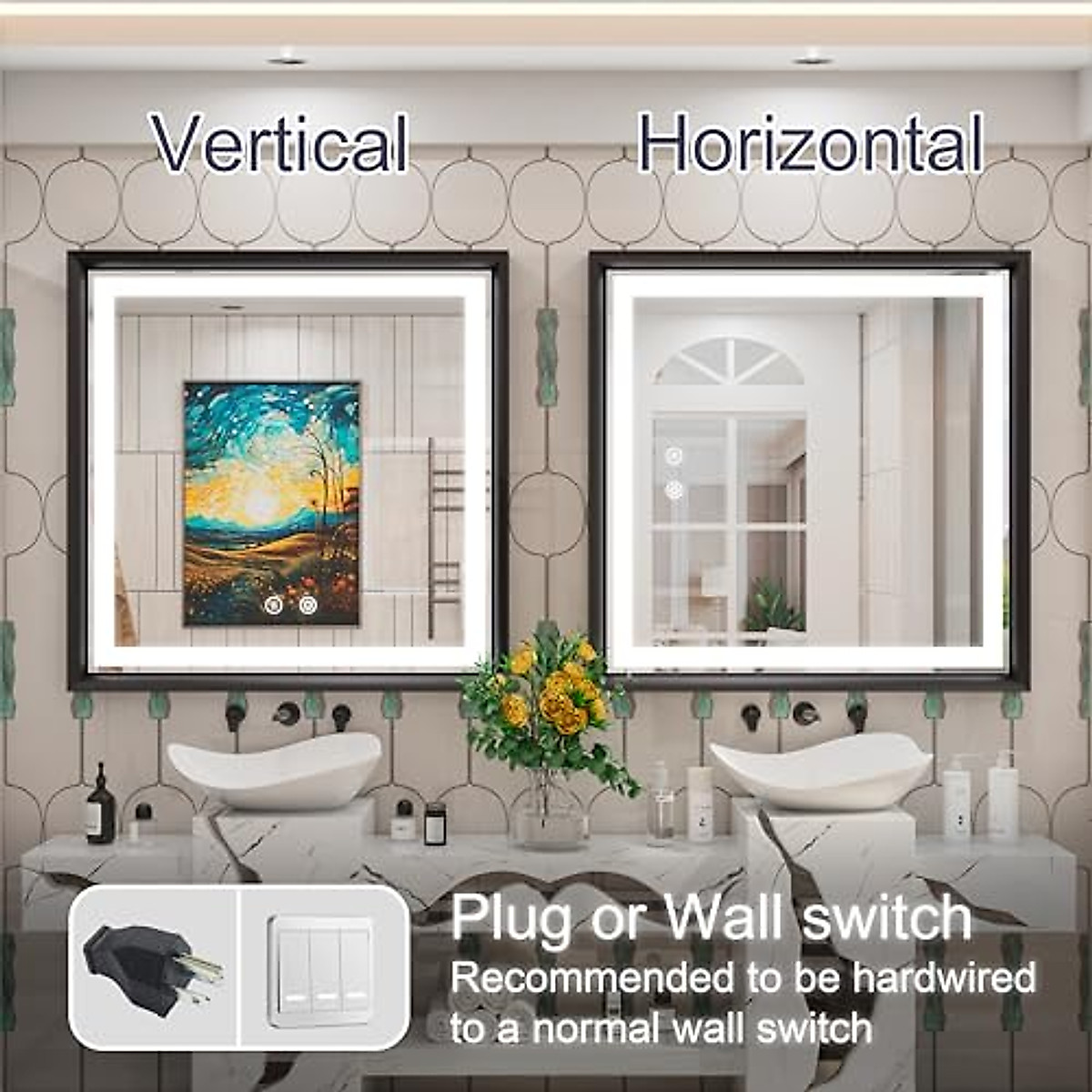 JSneijder 32x32 Inch LED Bathroom Mirror with Lights - Black Frame Lighted Mirror for Bathroom - Wall Mounted Dimmable Anti-Fog LED Vanity Mirror - Horizontal/Vertical, 6000K